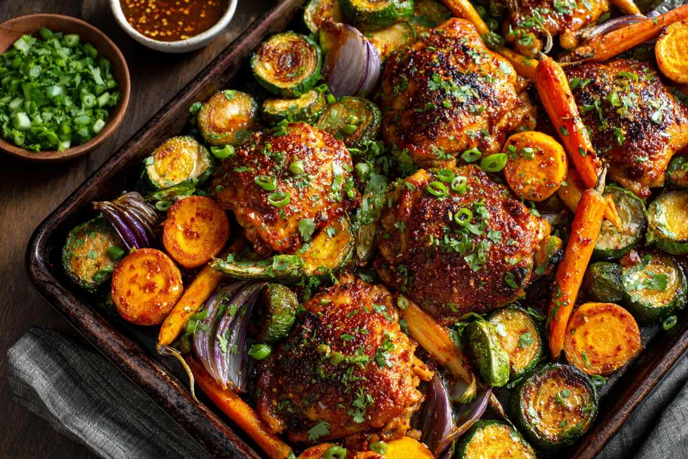 One-Pan Gochujang Butter Chicken Thighs with Roasted Veggies - Spicy ...